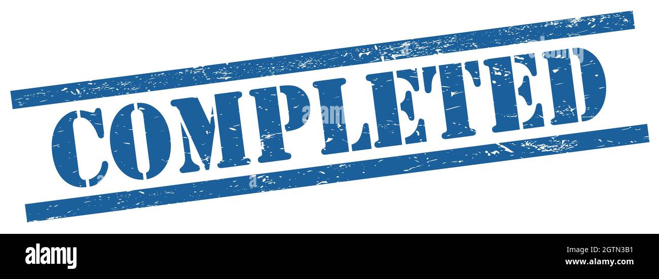 COMPLETED text on blue grungy rectangle vintage stamp Stock Photo - Alamy