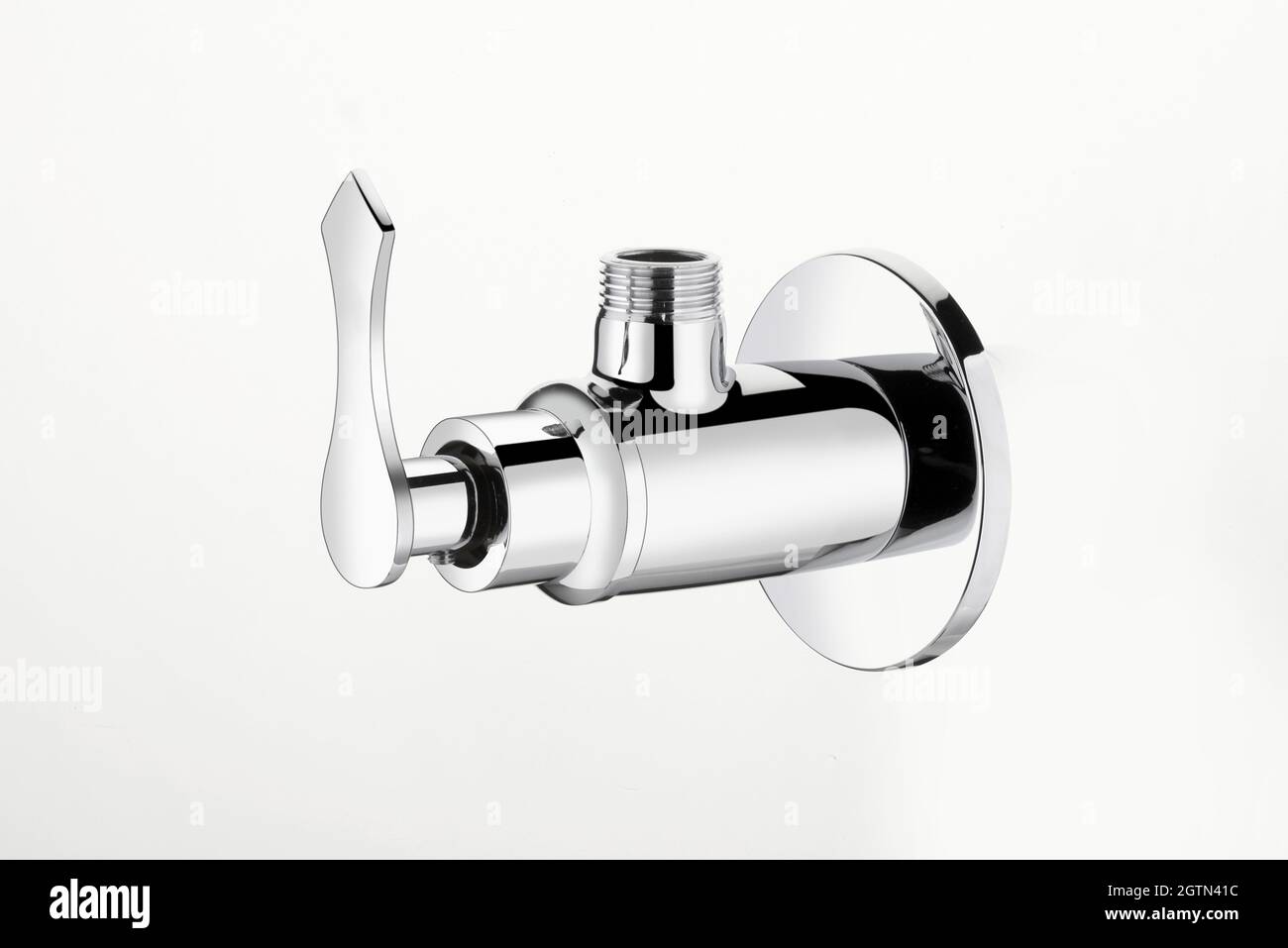 Modern stainless steel water tap. Isolated on white Grey background ...