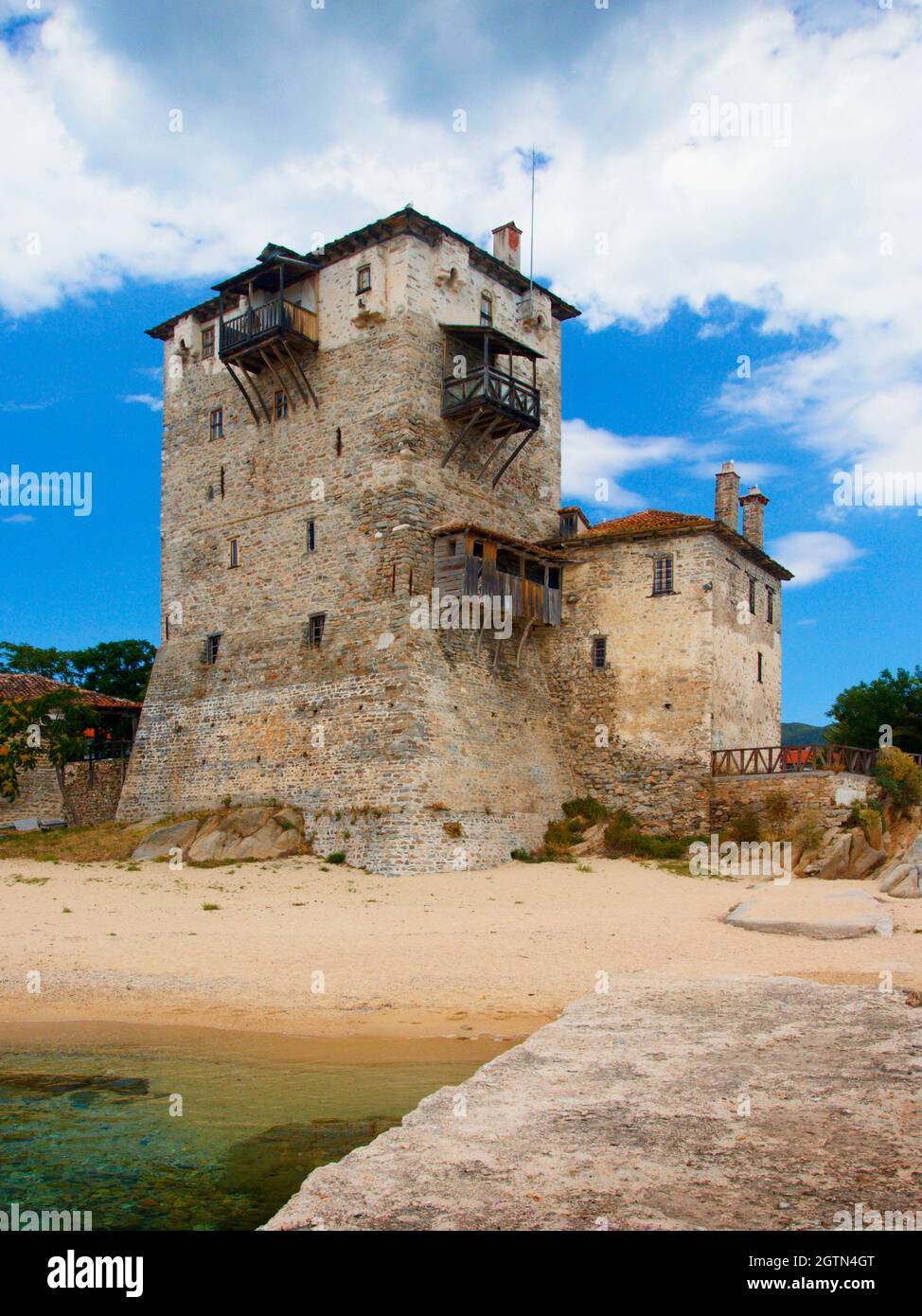 Watchtower in the city of Ouranopolis in Greece on the peninsula of ...