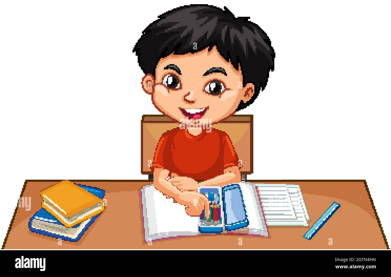 One happy boy doing homework on desk Stock Vector Image & Art - Alamy