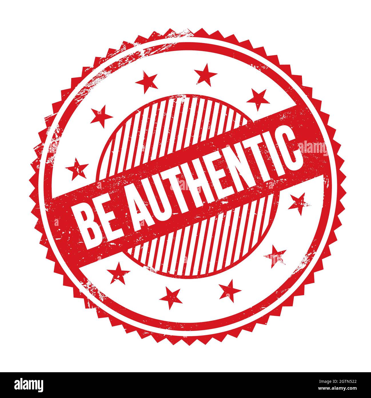BE AUTHENTIC text written on red grungy zig zag borders round stamp ...