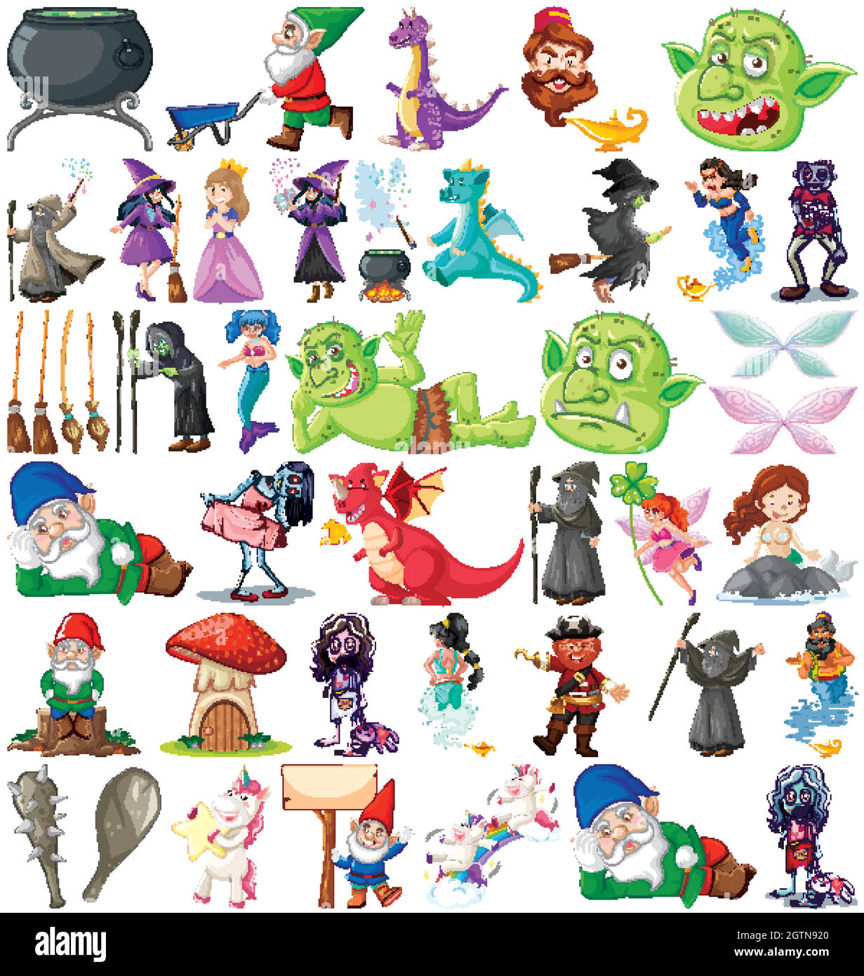 Set of fantasy cartoon characters and fantasy theme isolated on white ...