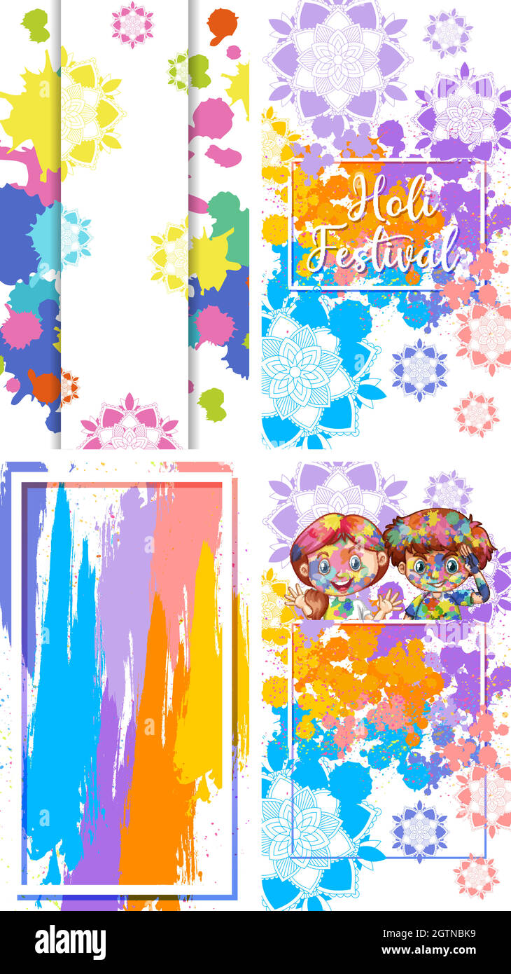 Four frame designs for Holi festival with colorful watercolor paints ...