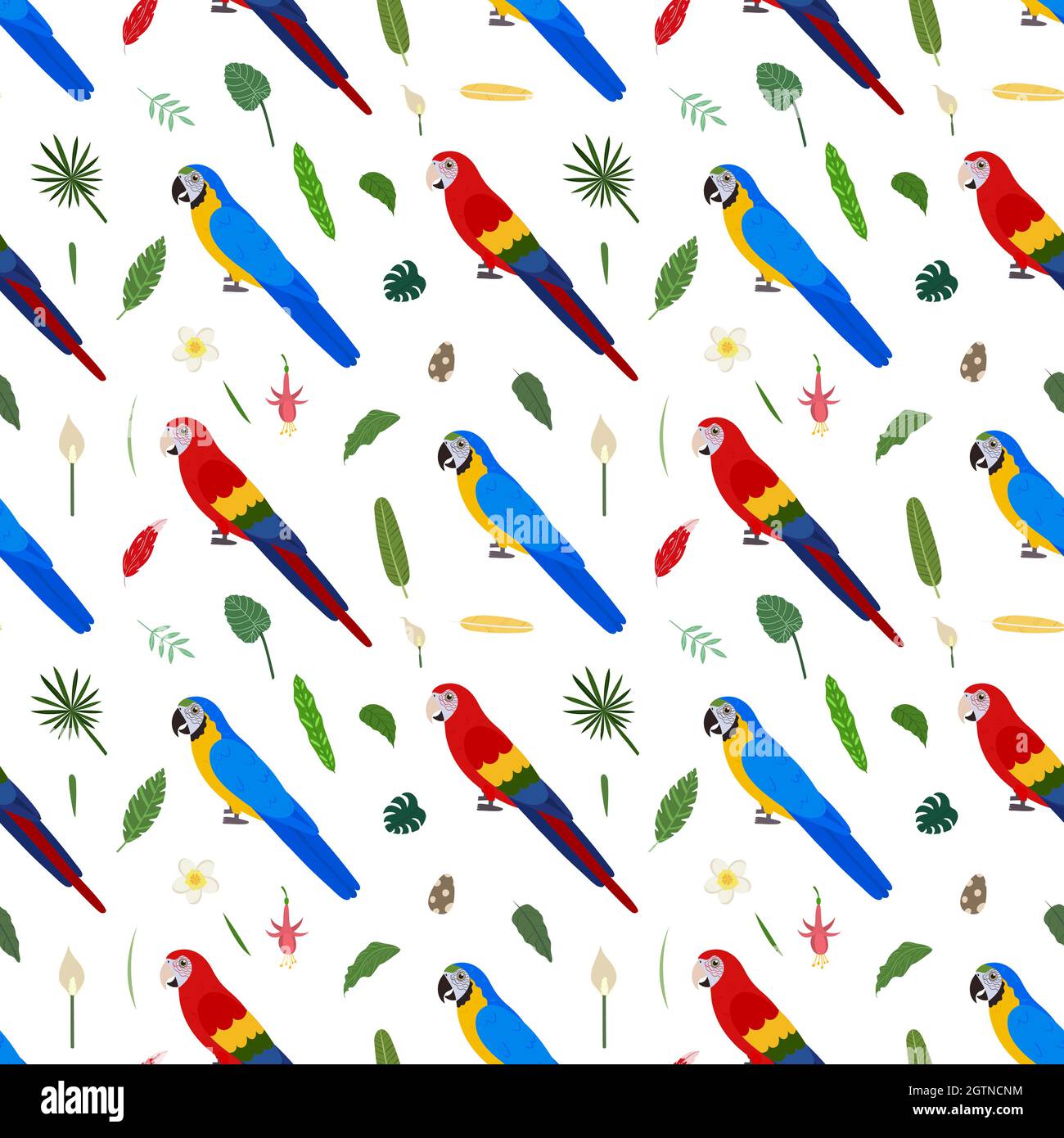 Seamless pattern with macaw parrots red and blue, tropical leaves and ...