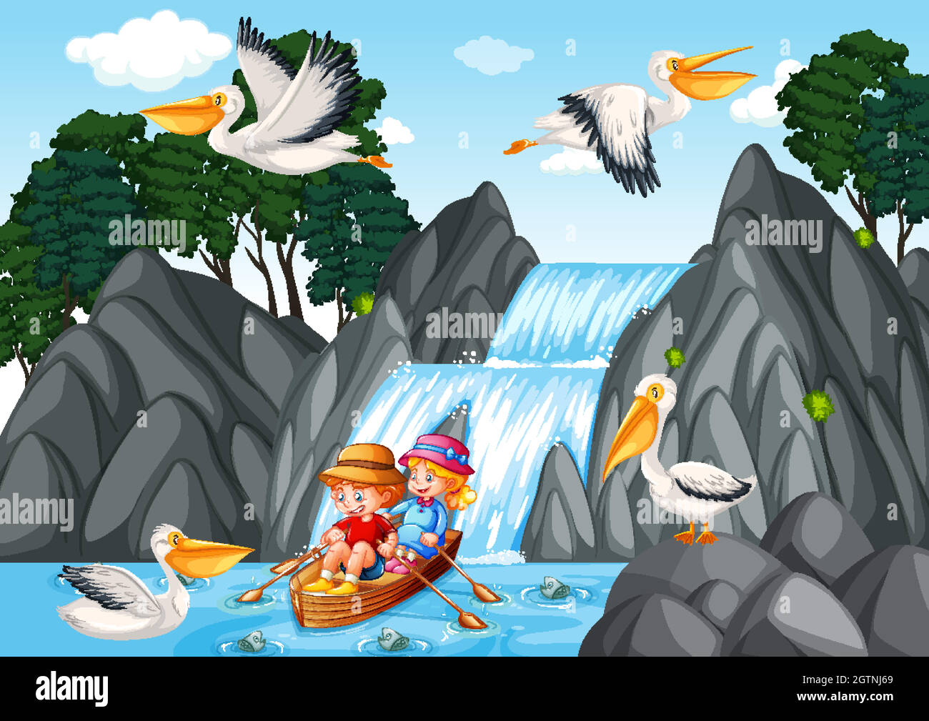 Children row the boat in the waterfall scene Stock Vector Image & Art ...