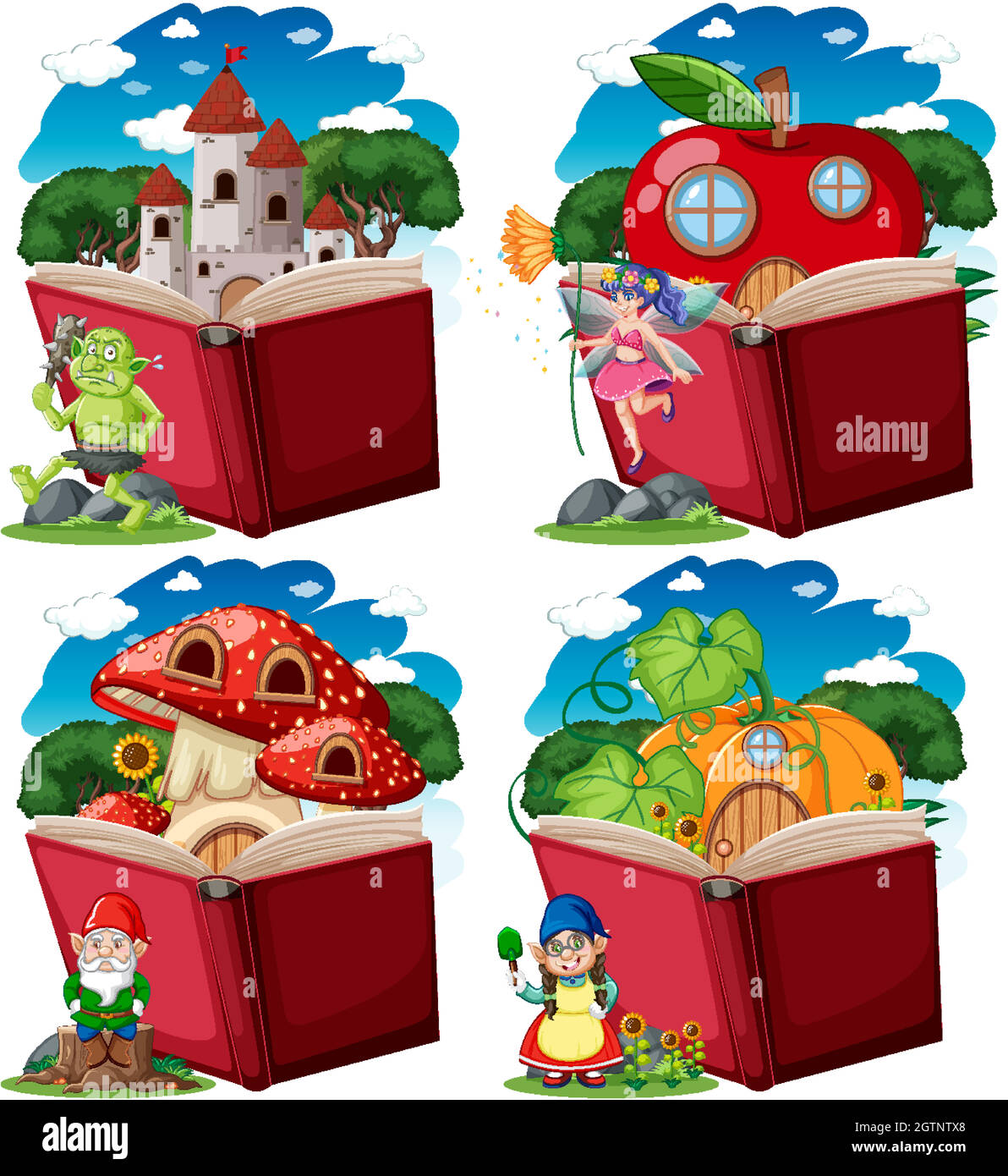 Set of fantasy character with pop up book cartoon style on white ...
