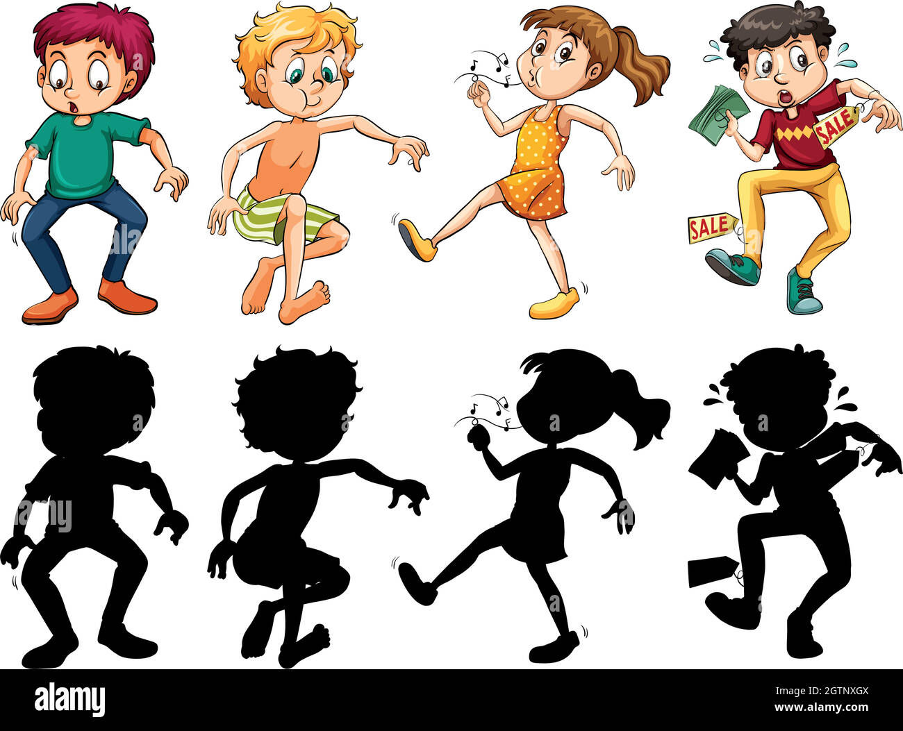 Silhouette, color and outline version of crazy kids Stock Vector Image ...