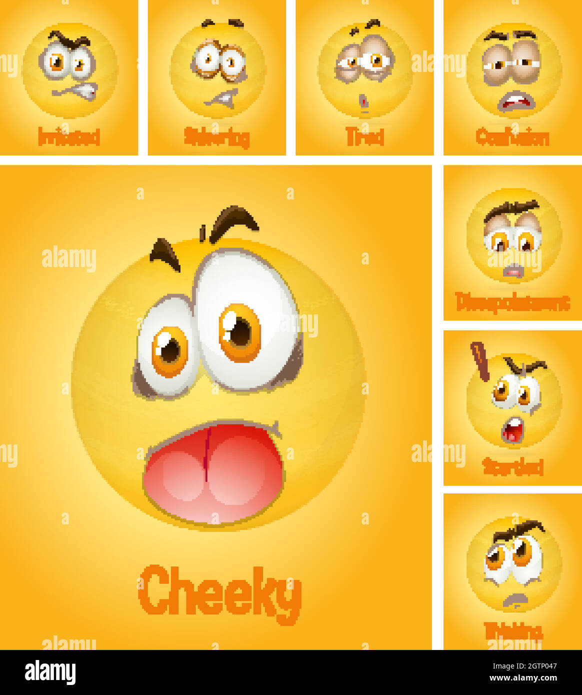 Set of different emotion yellow faces with tired text on yellow ...