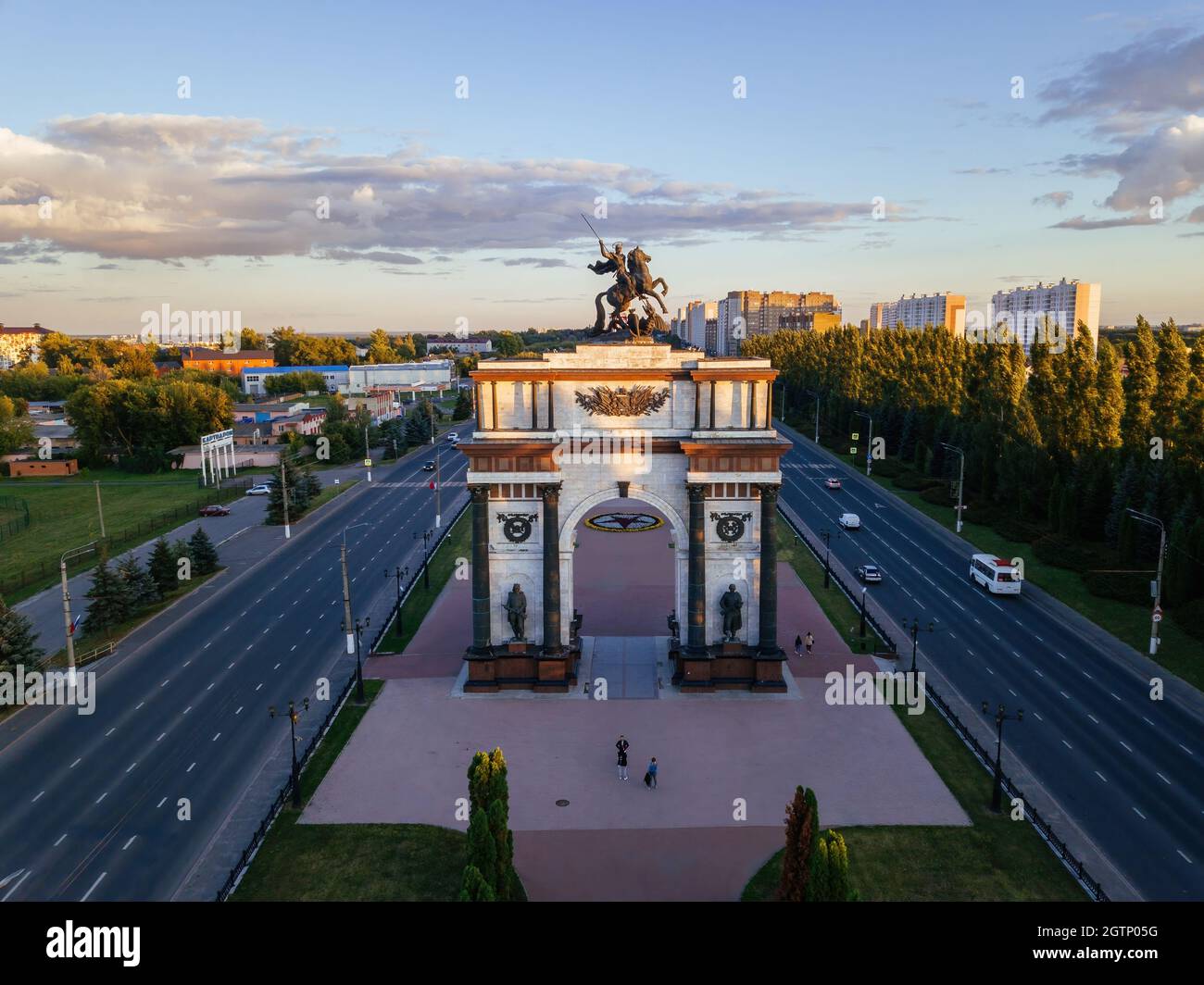 Evening Kursk. Triumphal arch in memorial complex, aerial view Stock ...