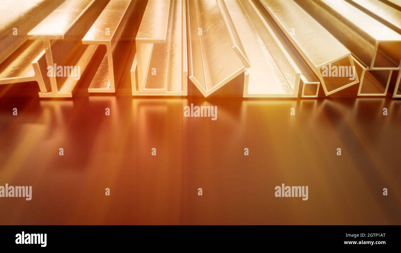 glowing metal profile and reinforcing bar , concept industrial 3D ...