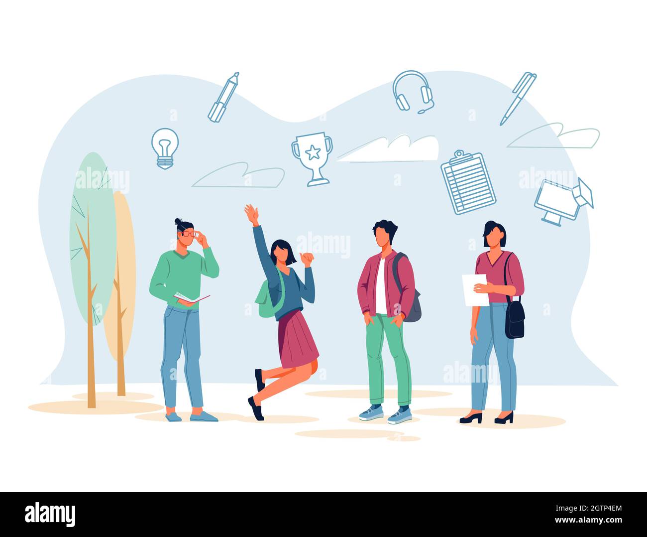 University or college students characters, young people standing ...