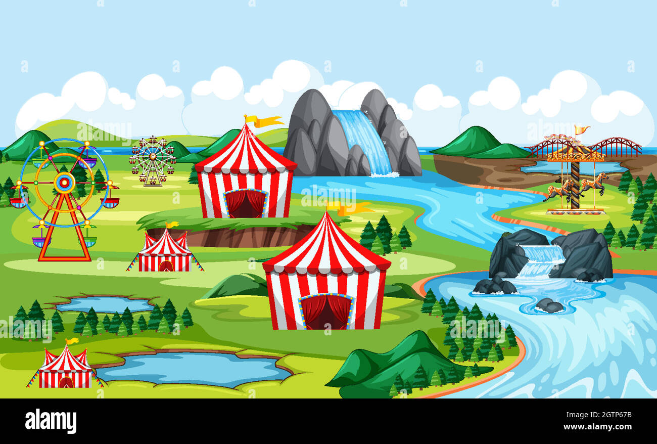 Carnival and amusement park with river side landscape scene Stock ...