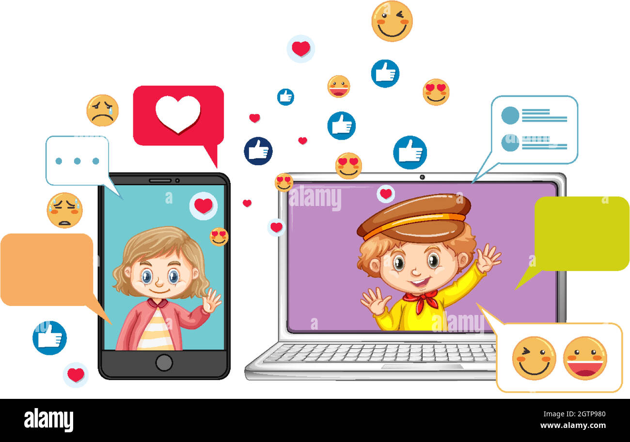 Laptop and smartphone with emoji icon cartoon style isolated on white ...