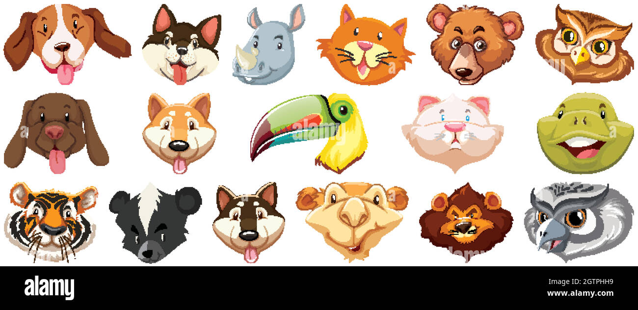 Set of different cute cartoon animals head huge isolated on white ...