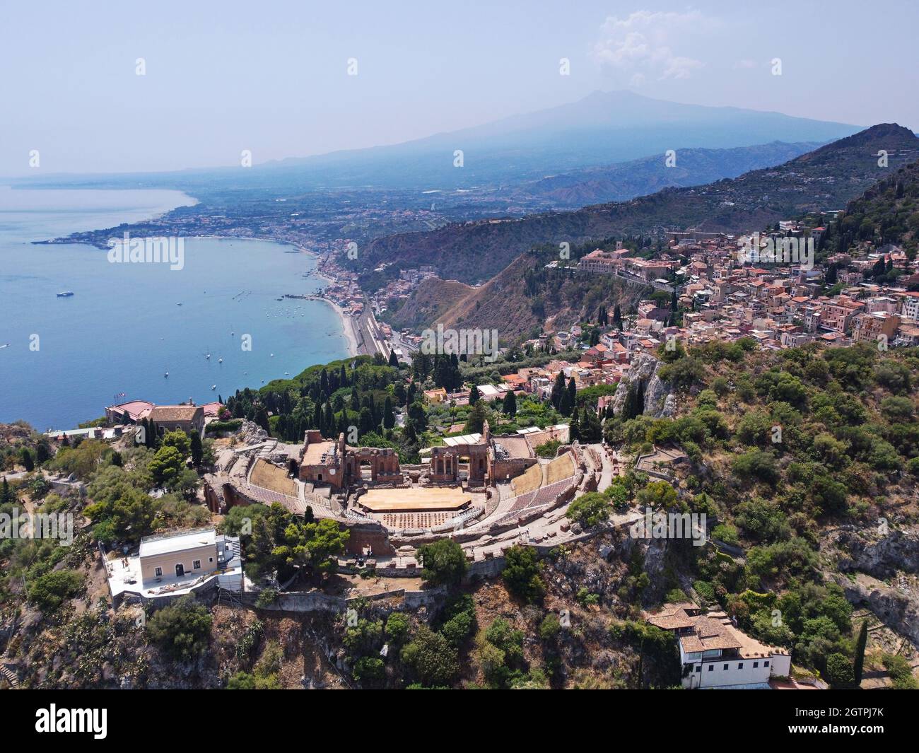 Aerial view of the ancient Greek theatre of Taormina, Sicily, Italy ...