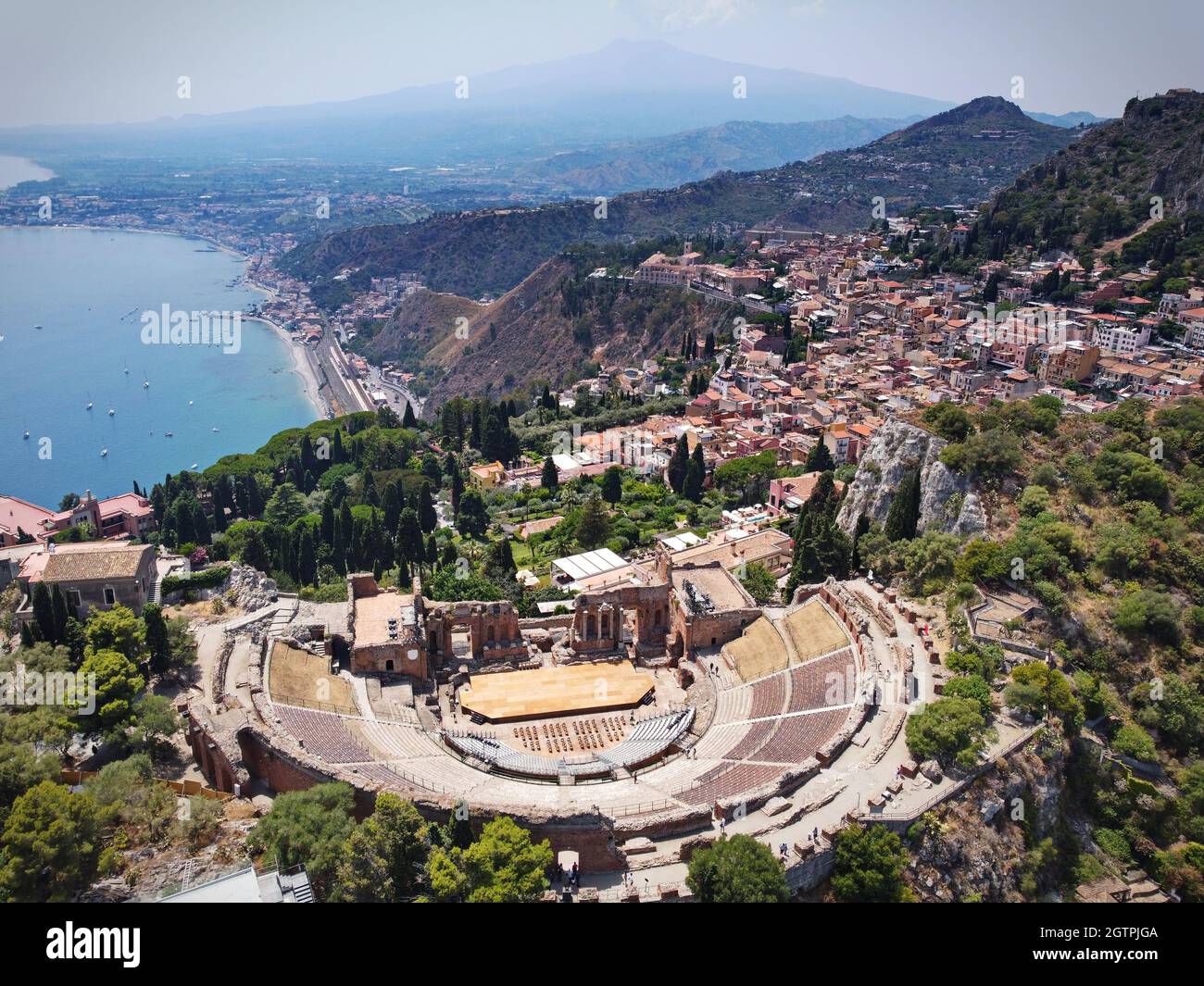 Aerial view of the ancient Greek theatre of Taormina, Sicily, Italy ...