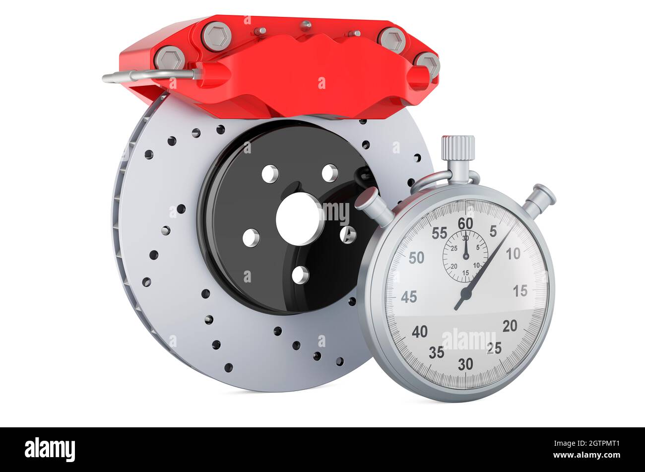Stopwatch with car disc brake, 3D rendering isolated on white ...