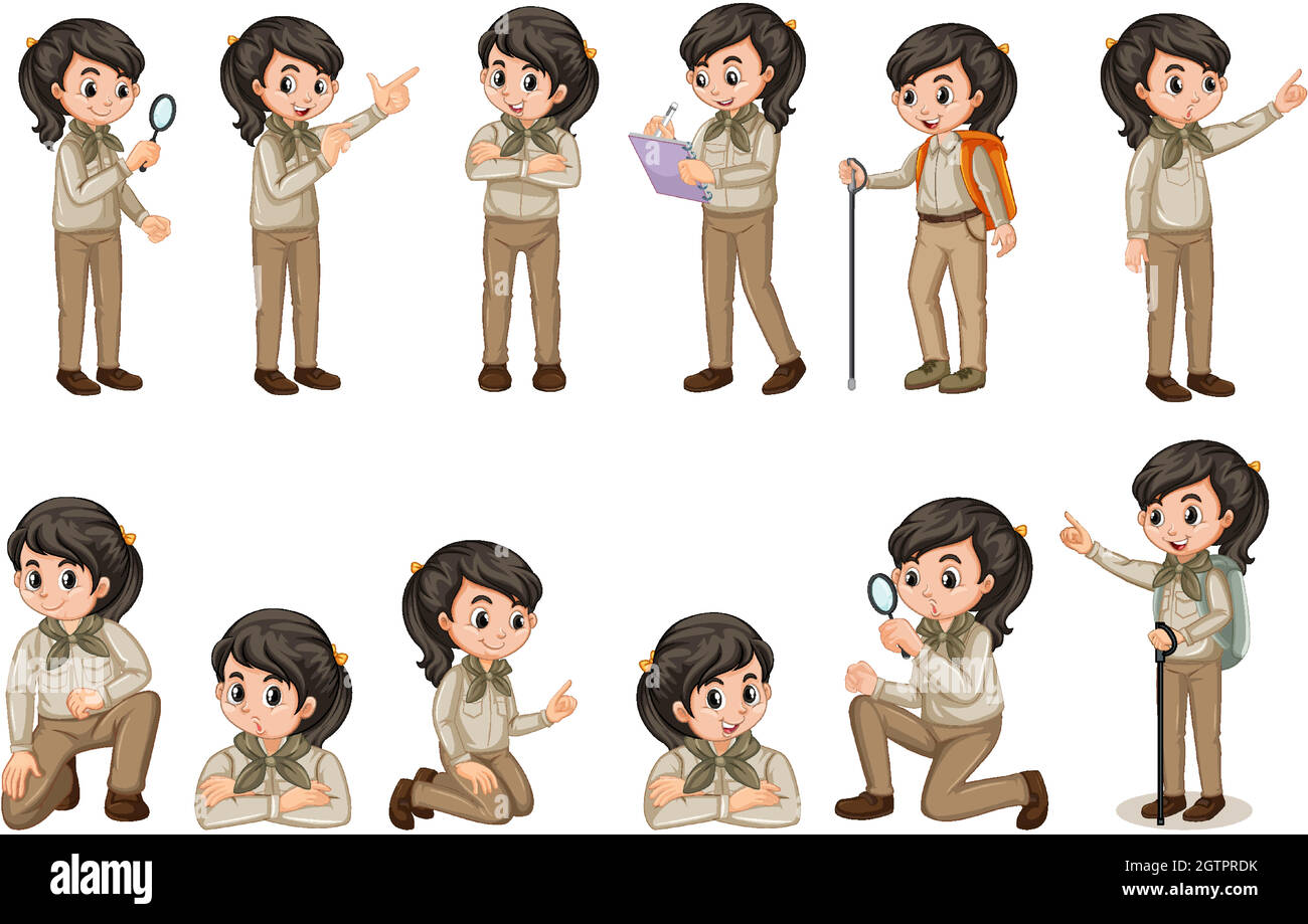 Girl in scout uniform in many poses on white background Stock Vector ...