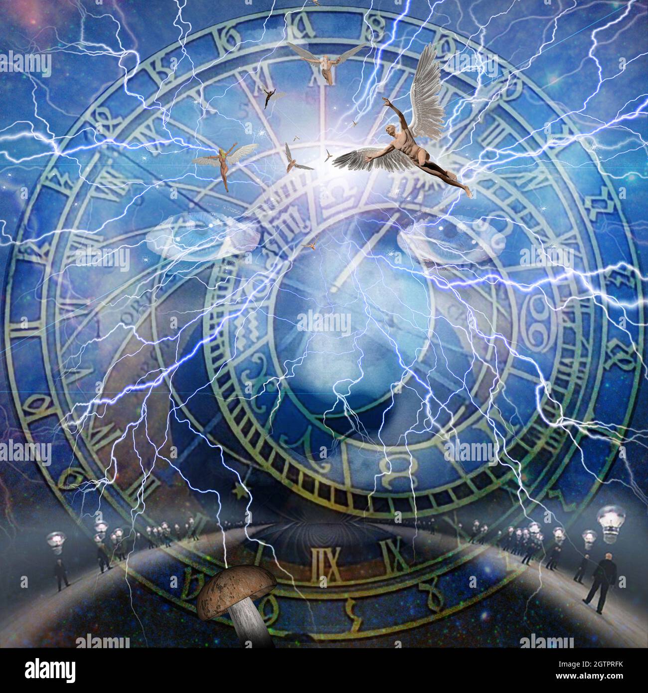 Mystic face, angels and astronomic clock. 3D rendering Stock Photo - Alamy