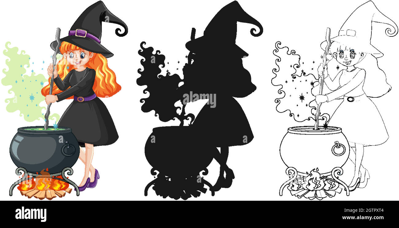Witch with magic pot in color and outline and silhouette cartoon ...