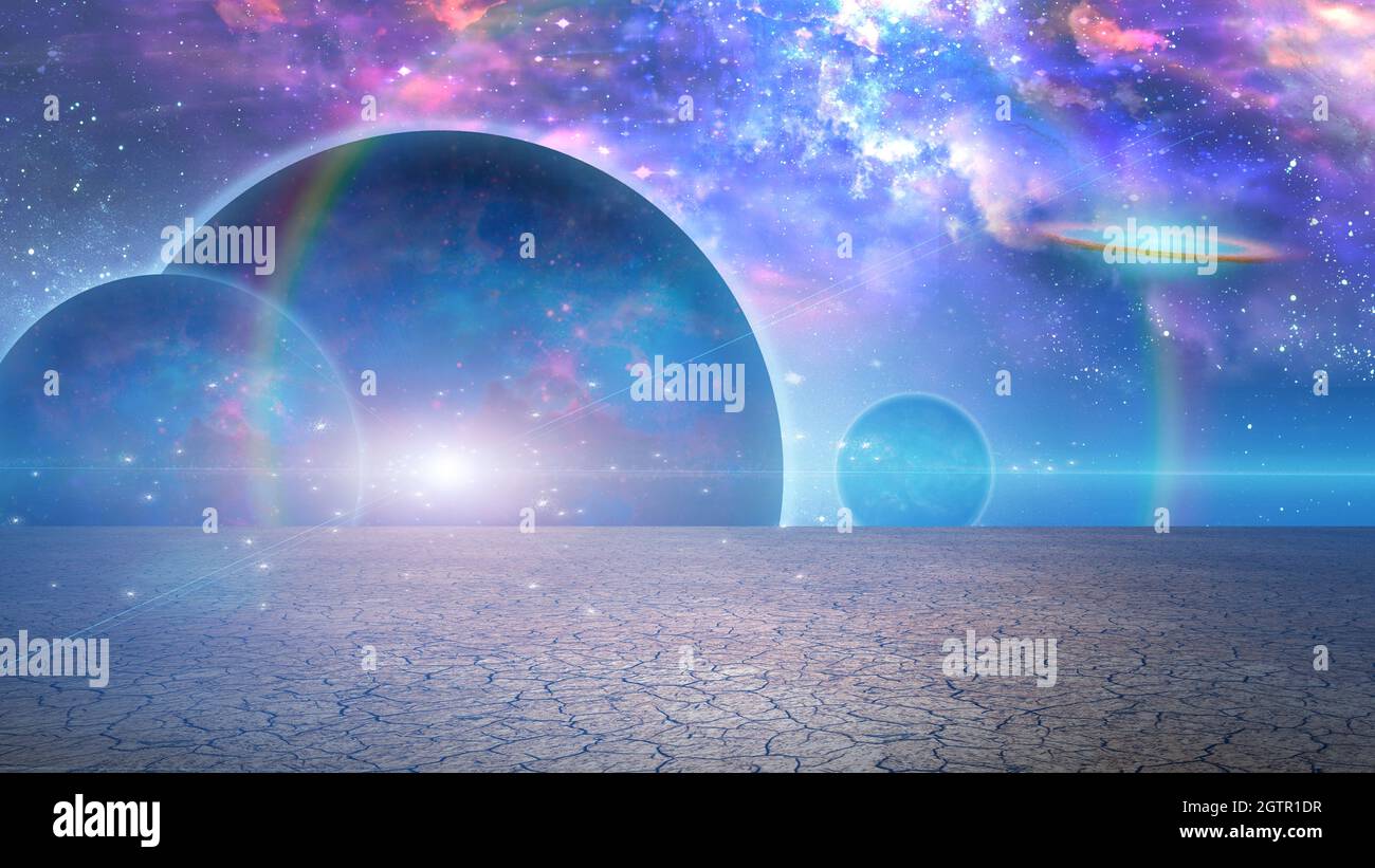 Mysterious planets view from desert. 3D rendering Stock Photo - Alamy