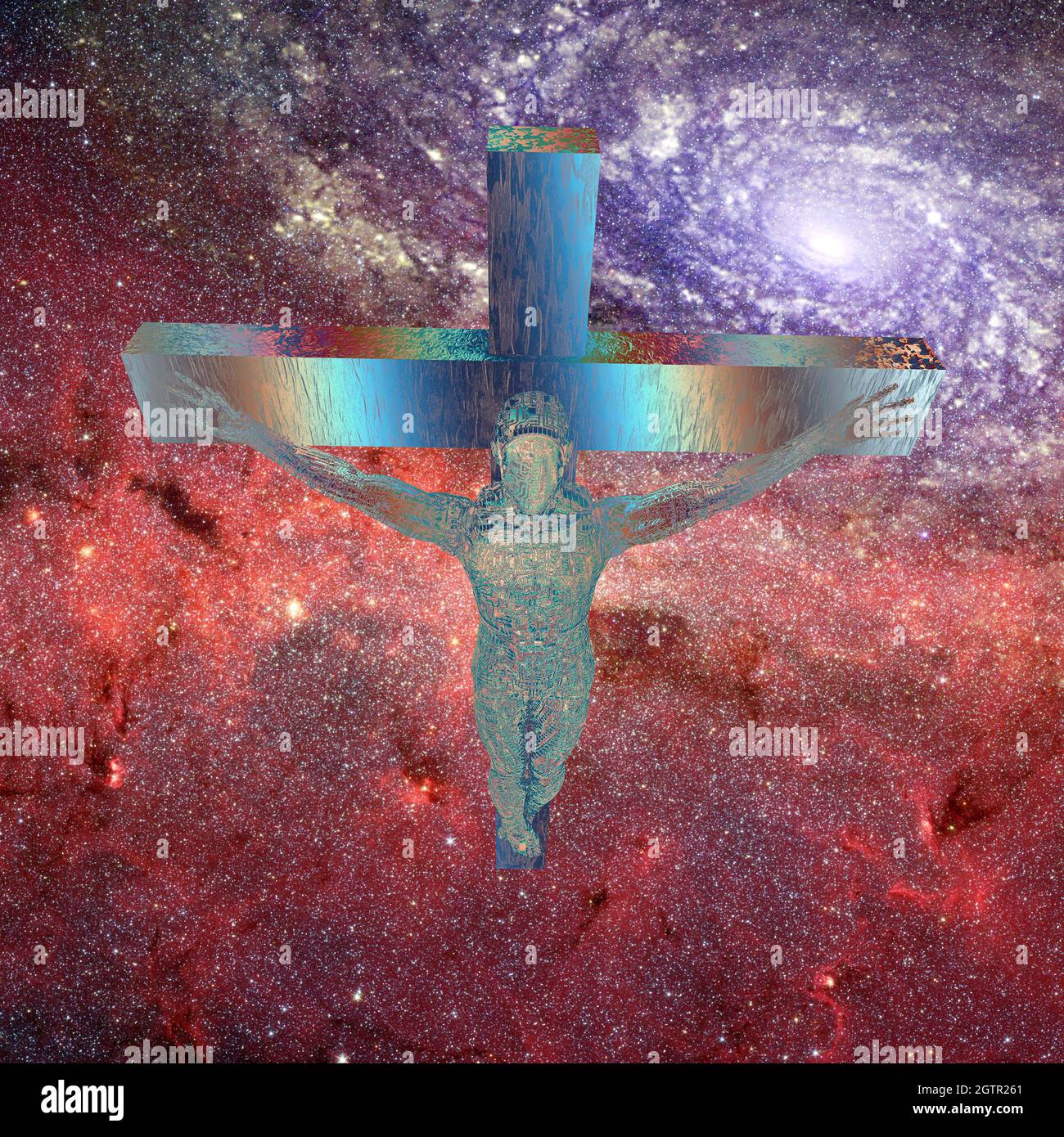 Crucified cyborg in space. 3D rendering Stock Photo - Alamy