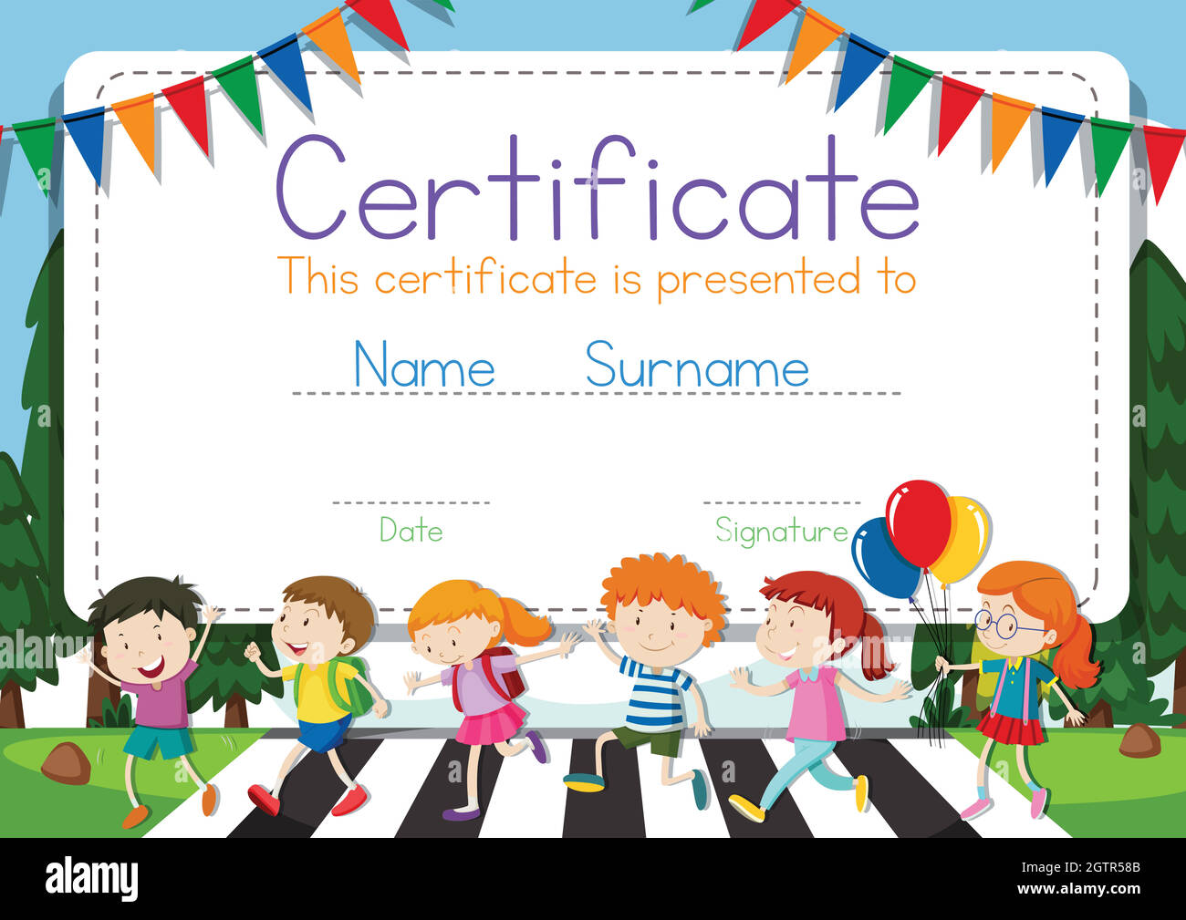 Certificate template with children crossing road background Stock ...