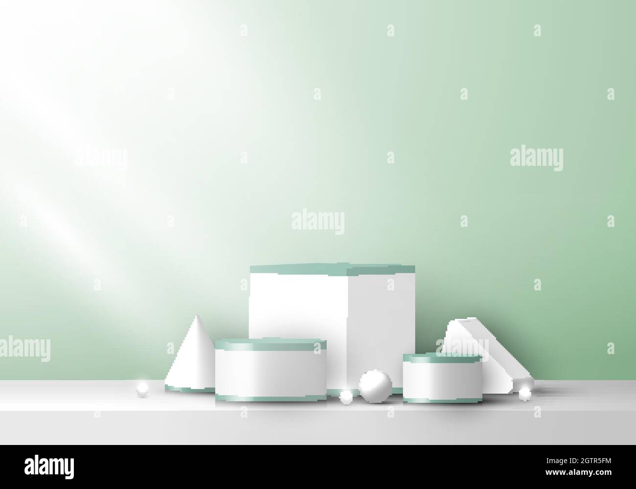 Set of 3D geometric object display white and green on green background ...