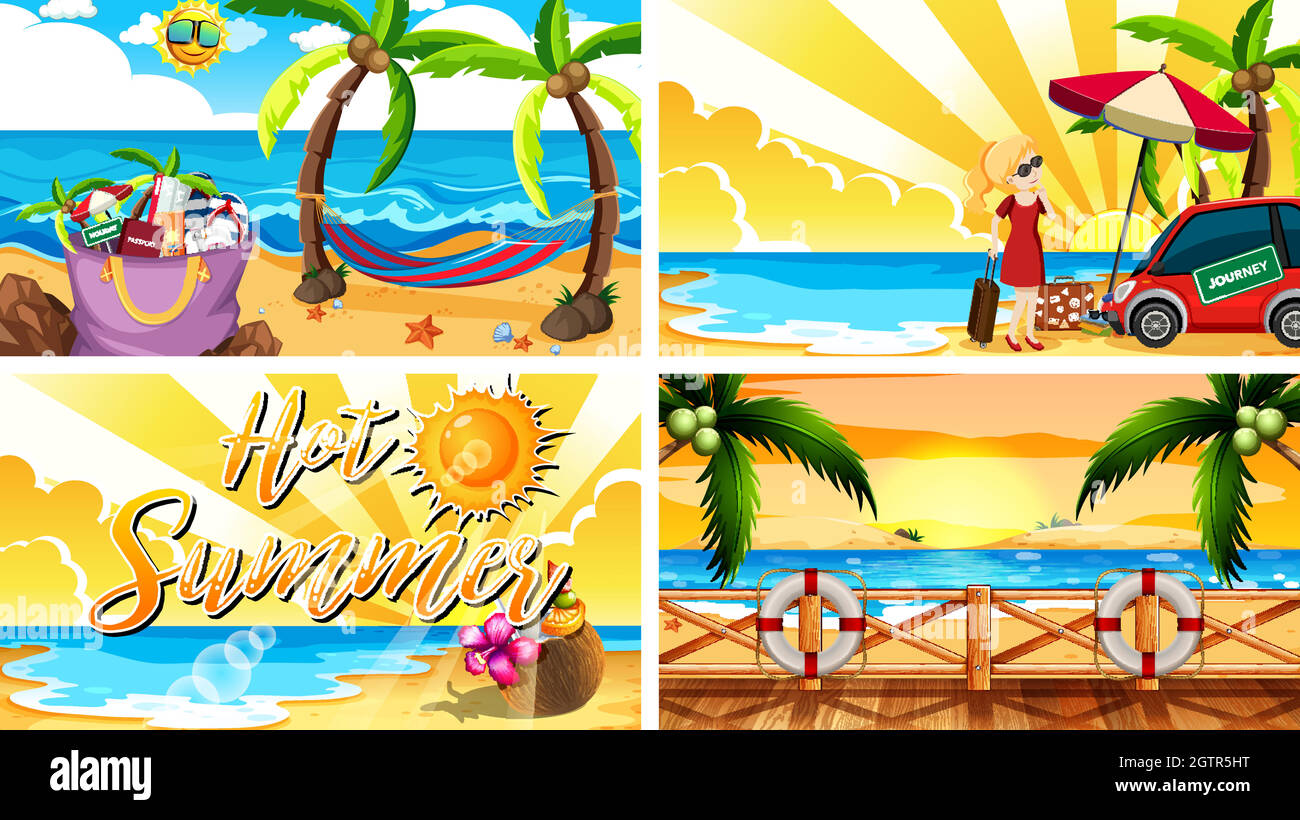 Four background scenes with summer on the beach Stock Vector Image ...