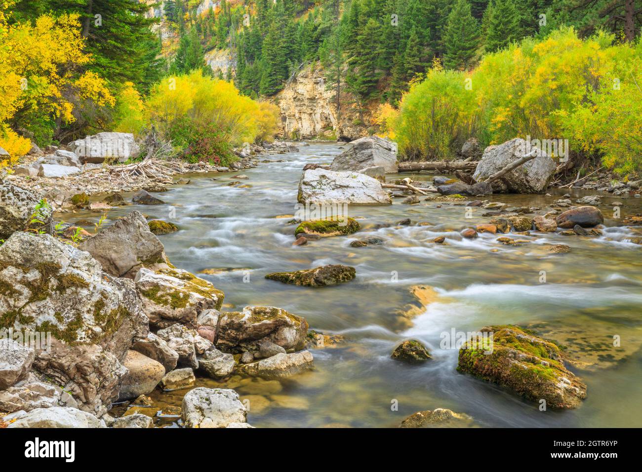 limestone canyon and fall colors along belt creek in sluice boxes state ...