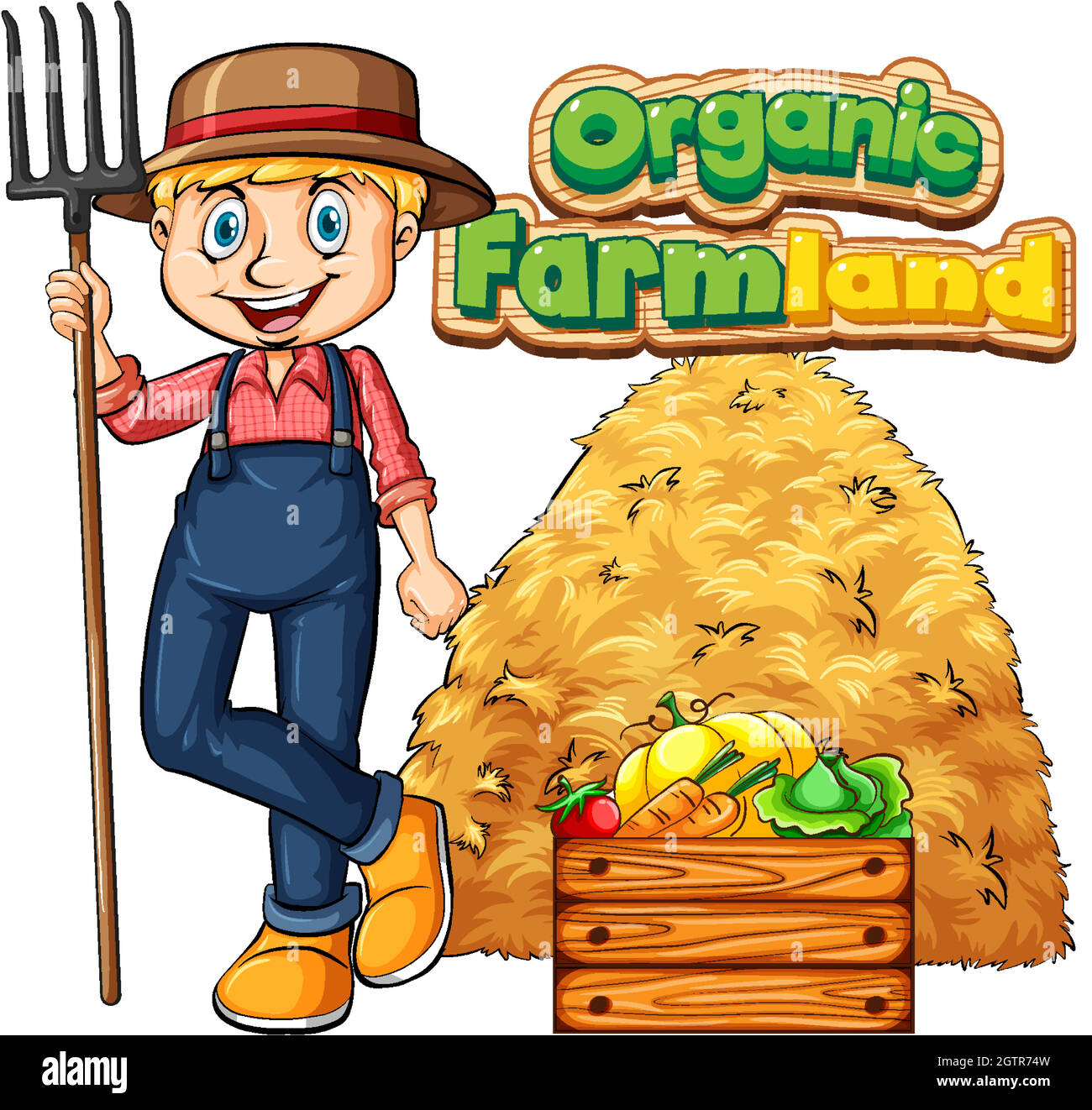 Font design for word organic farmland with farmer and vegetables Stock ...