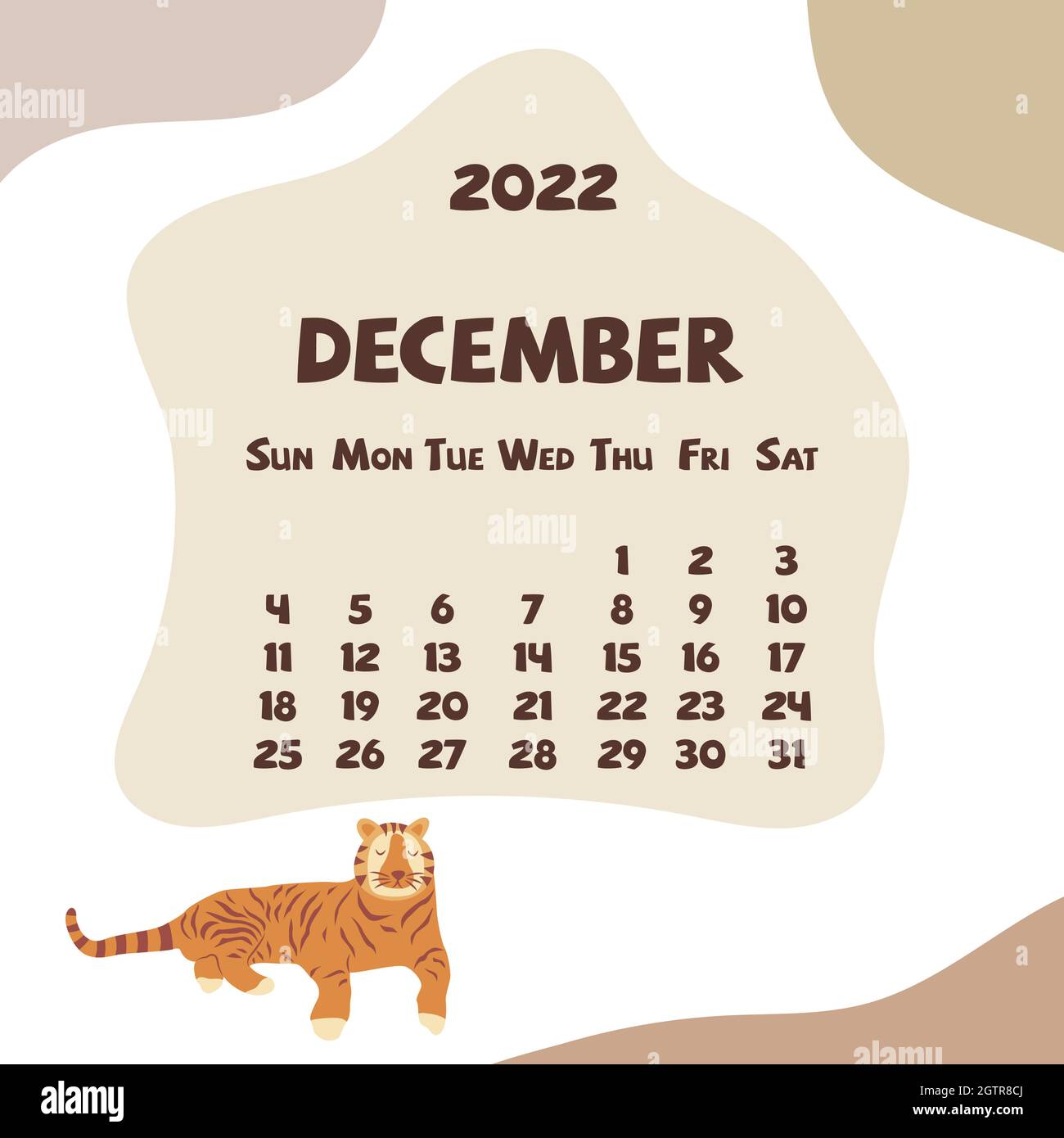 2022 december calendar with abstract shapes and tiger. Colorful modern ...