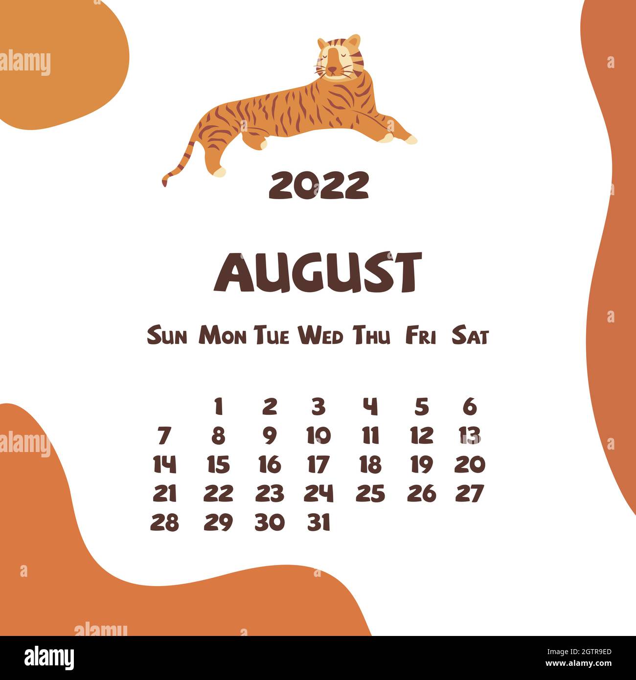 2022 august calendar with abstract shapes and tiger. Colorful modern ...