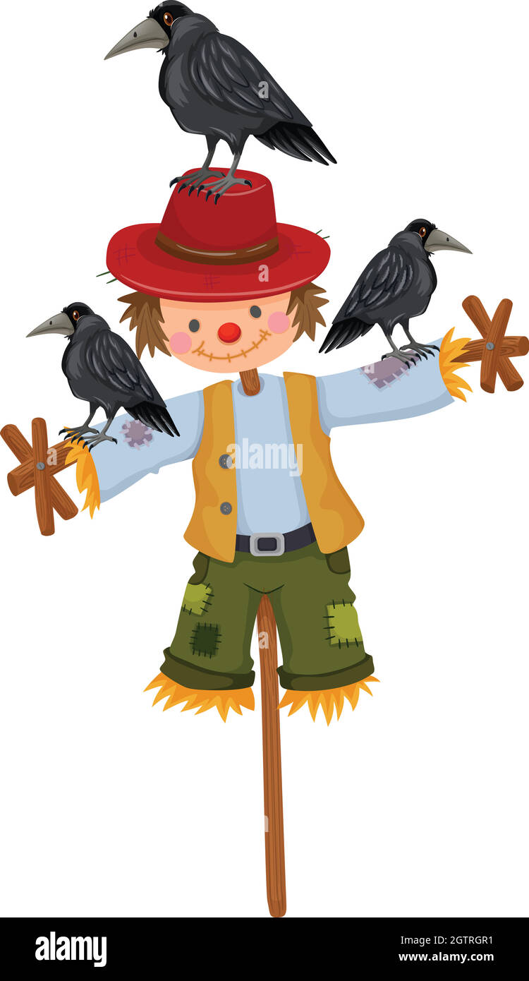 Scarecrow on stick and three crows Stock Vector Image & Art - Alamy
