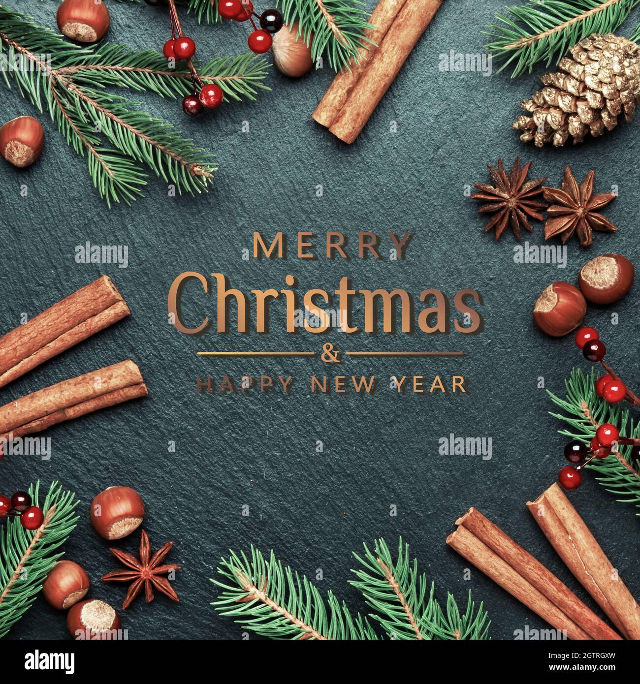 Merry Christmas and Happy New Year dark background with text. Frame ...