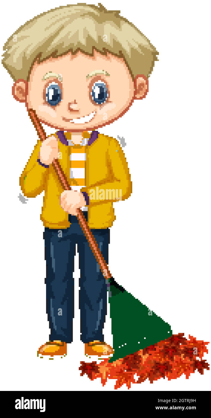 Cute boy raking leaves on white background Stock Vector Image & Art - Alamy