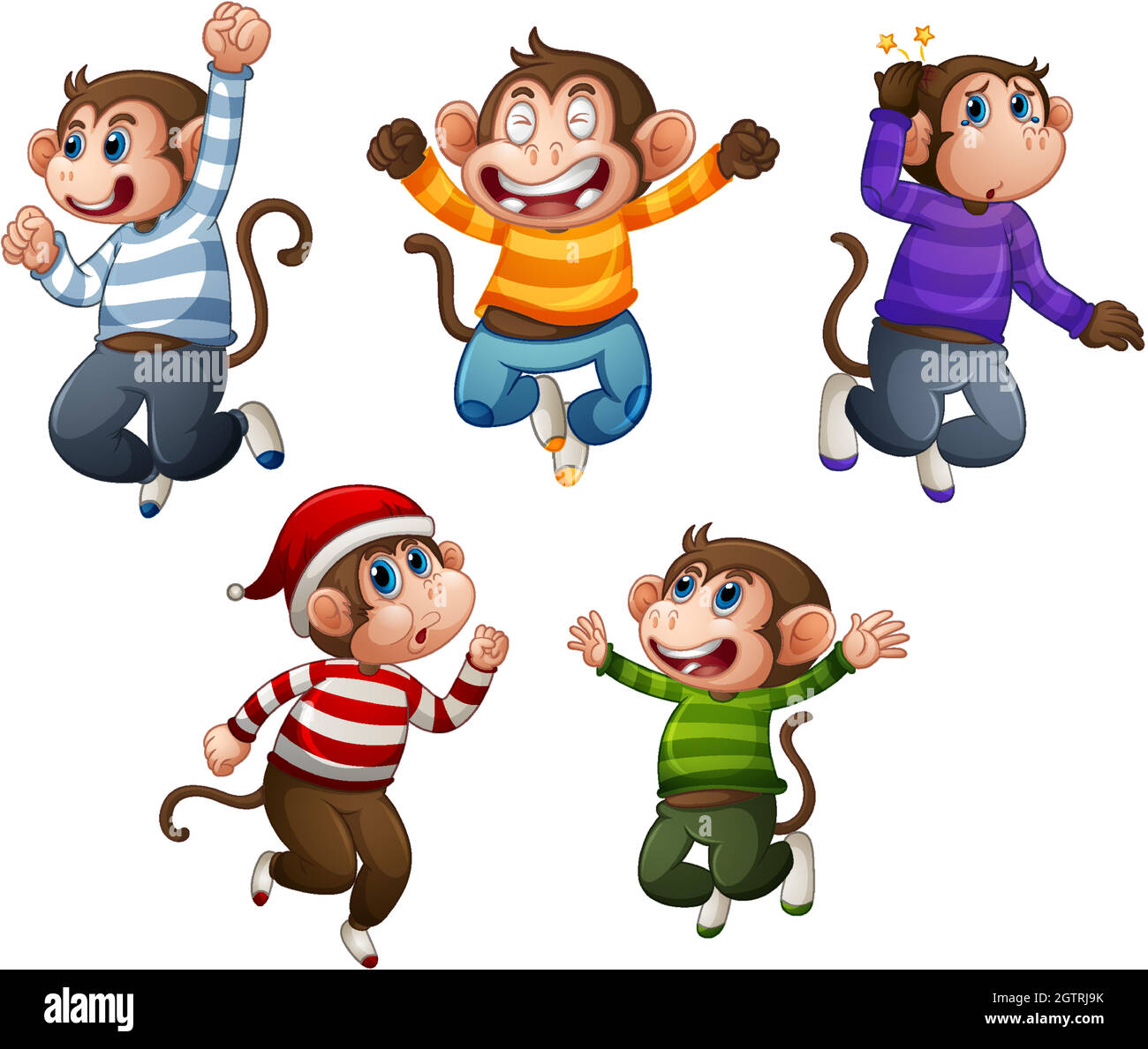 Four monkey wear t-shirt in jumping pose isolated on white background ...