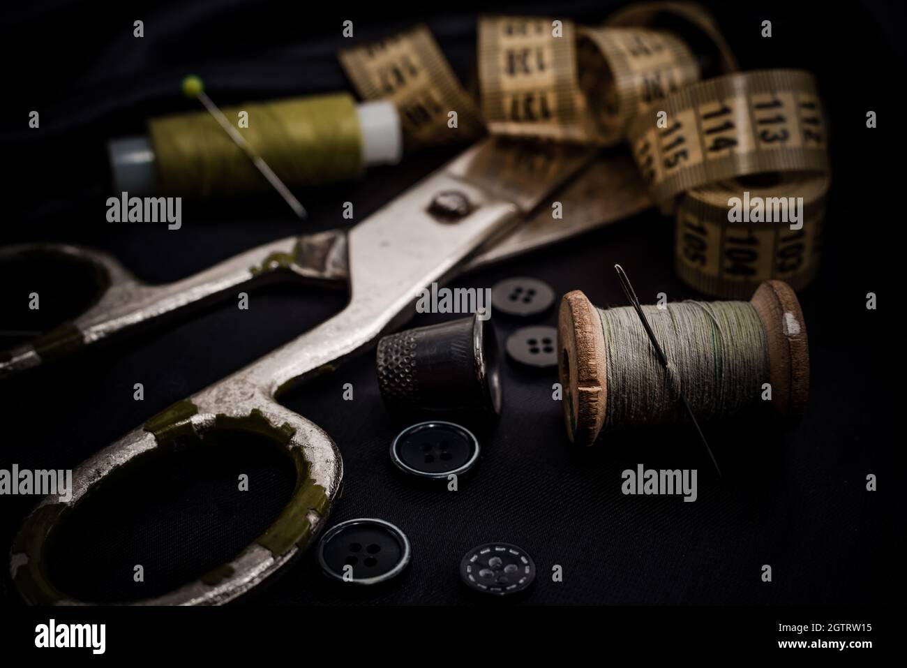 Sewing machine. Needle and thread. Thimble. Scissors. Sewing tools for ...