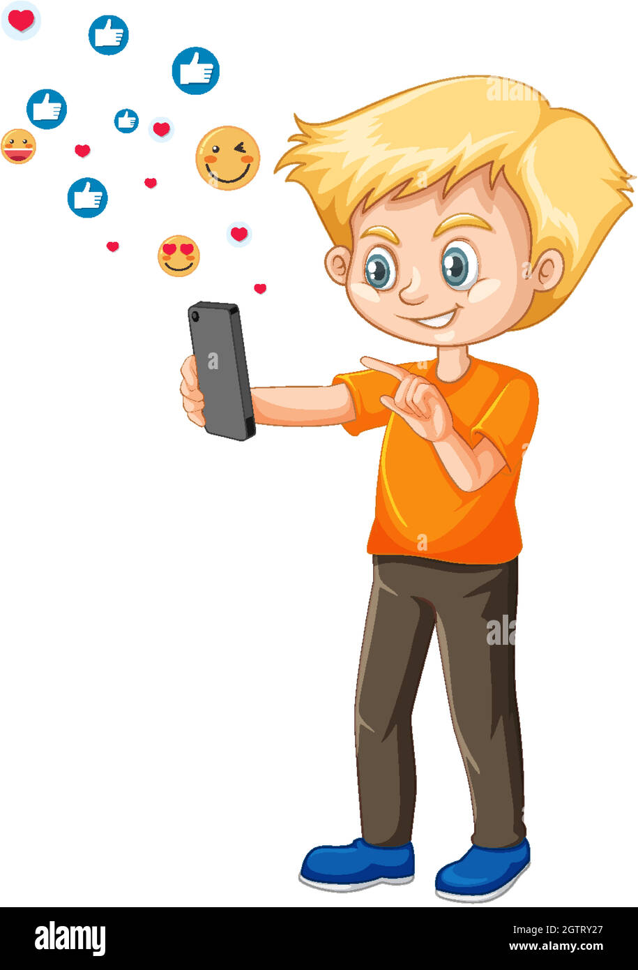 Boy using smart phone with social media icon theme isolated on white ...