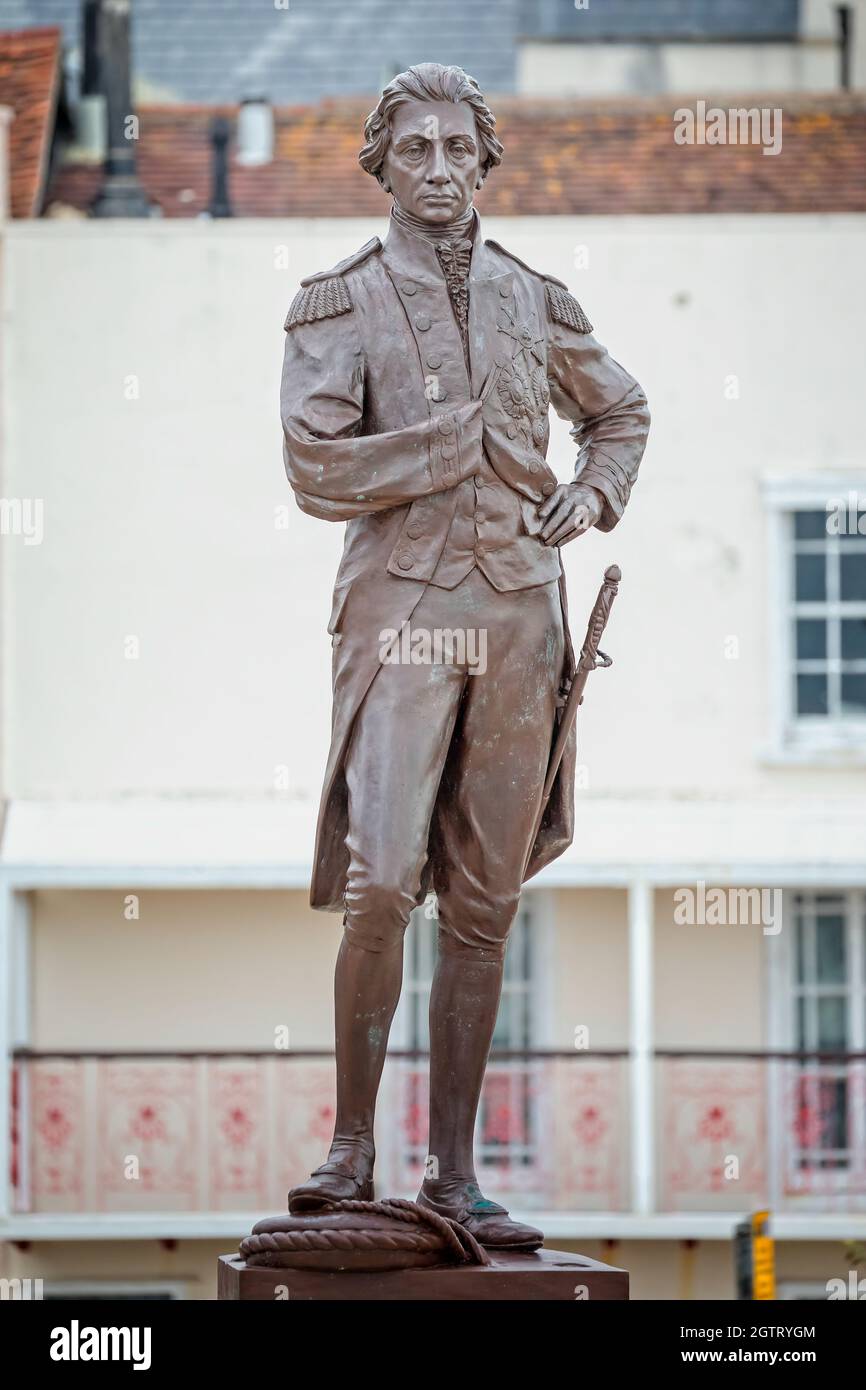 Close up of bronze statue of Lord Horatio Nelson to commemorate his ...