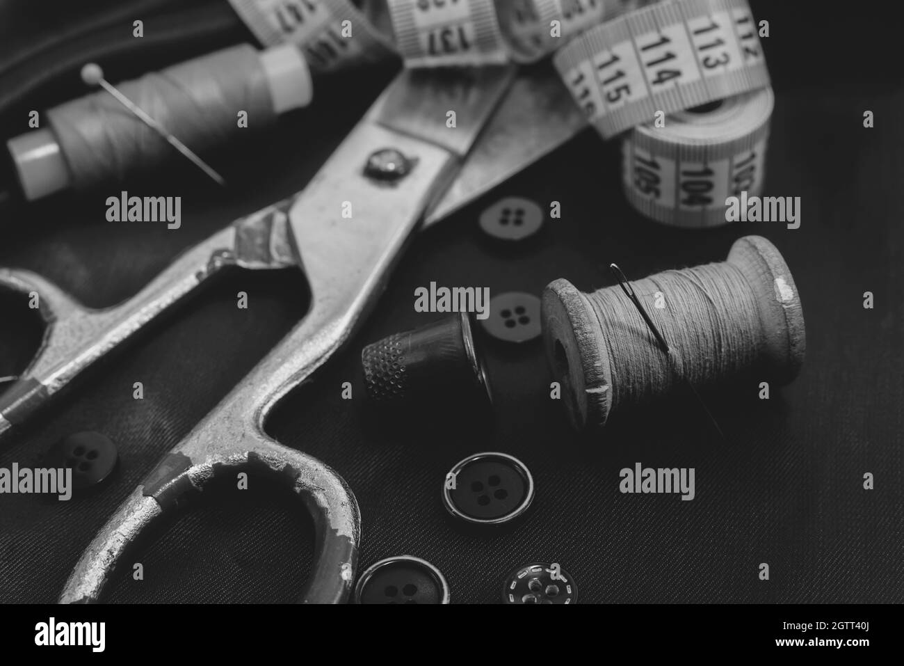 Sewing machine. Needle and thread. Thimble. Scissors. Sewing tools for ...