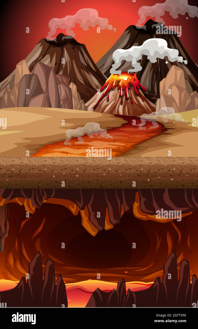 Volcano eruption in nature scene at daytime and infernal cave with lava ...