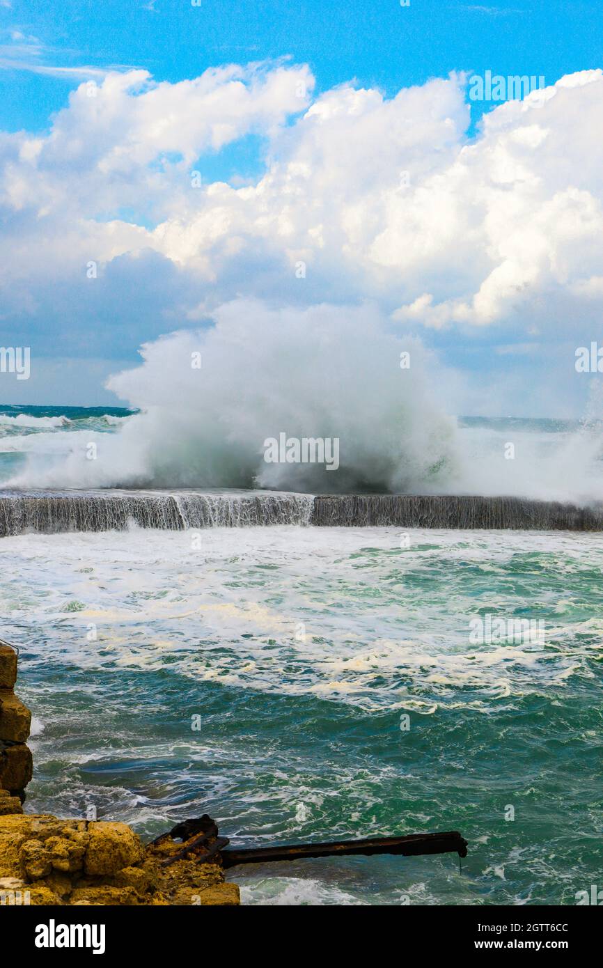 Water splash and breakwaters in the stormy sea Stock Photo - Alamy