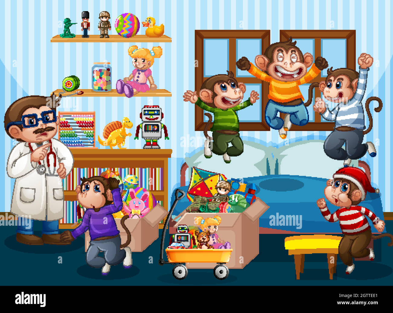 Five little monkeys jumping on the bed scene Stock Vector Image & Art ...