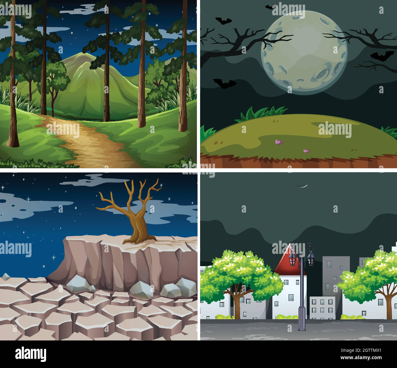 Four background scenes with forest and town Stock Vector Image & Art ...