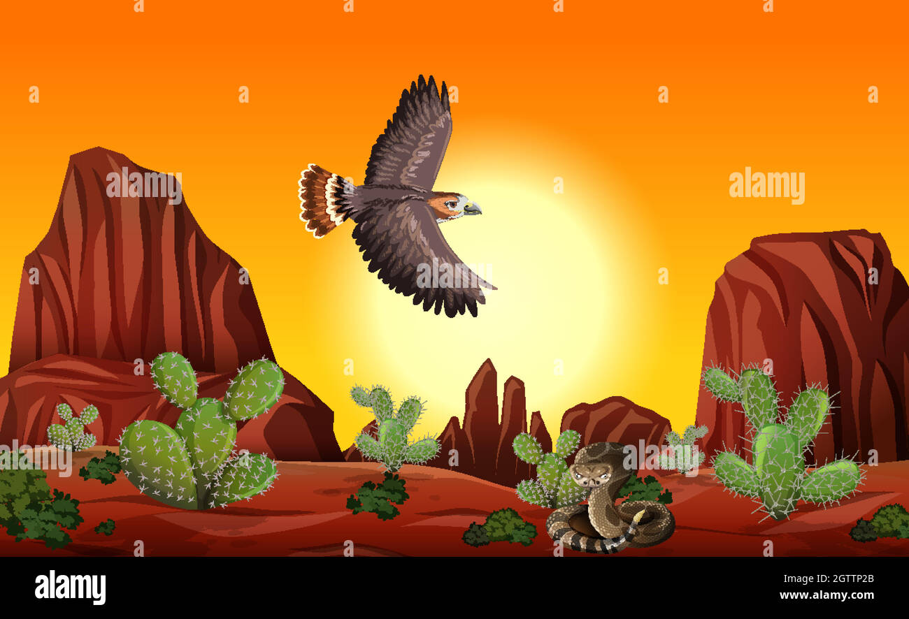 Desert with rock mountains and desert animals landscape at sunset scene ...