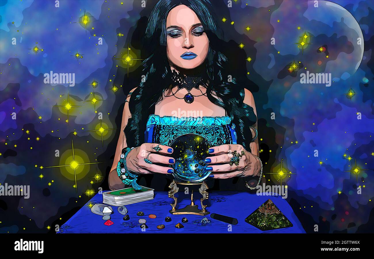 Psychic with Crystal Ball. and tarot cards on Galaxy Background Stock ...