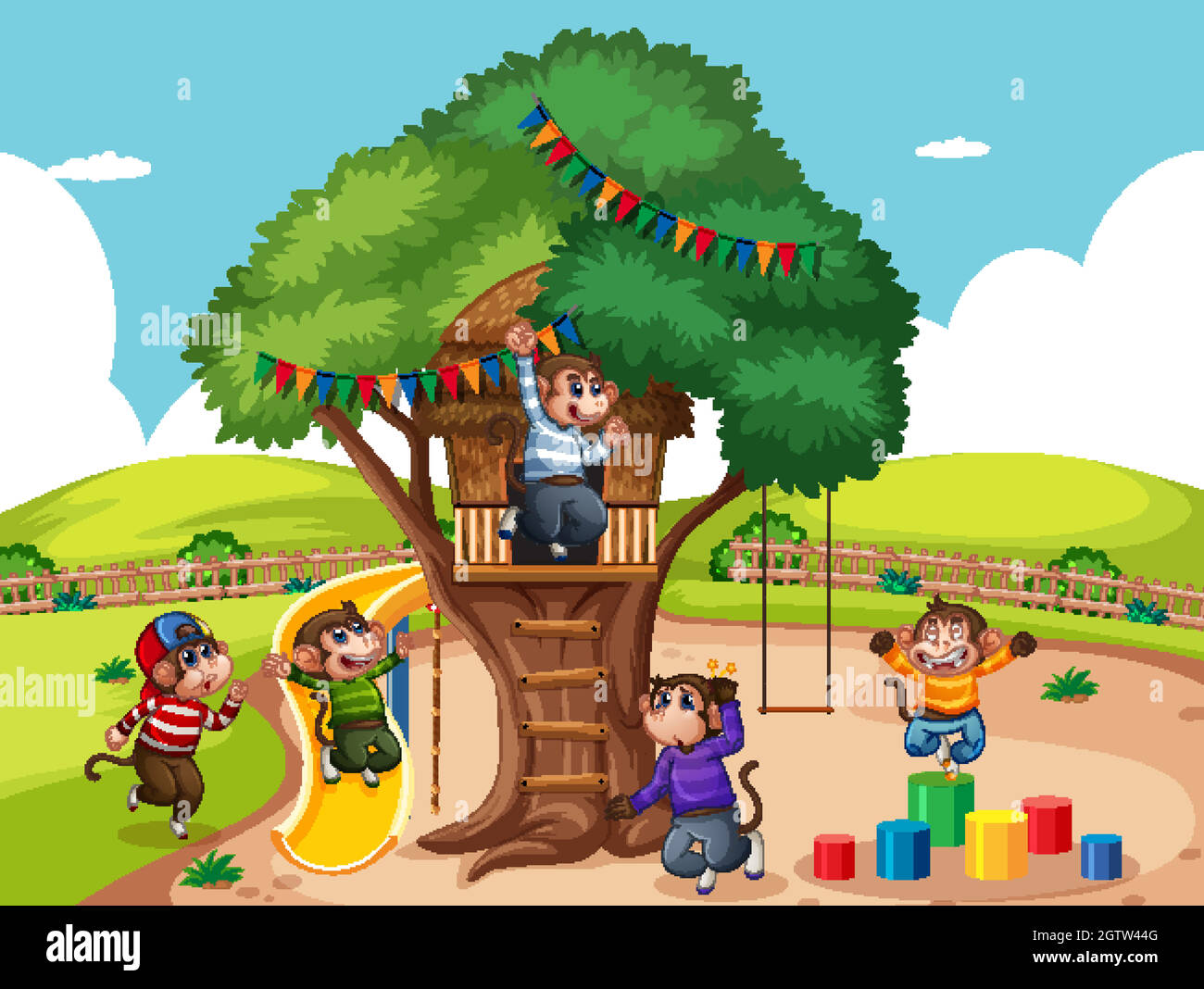 Five little monkeys jumping in the park playground scene Stock Vector ...
