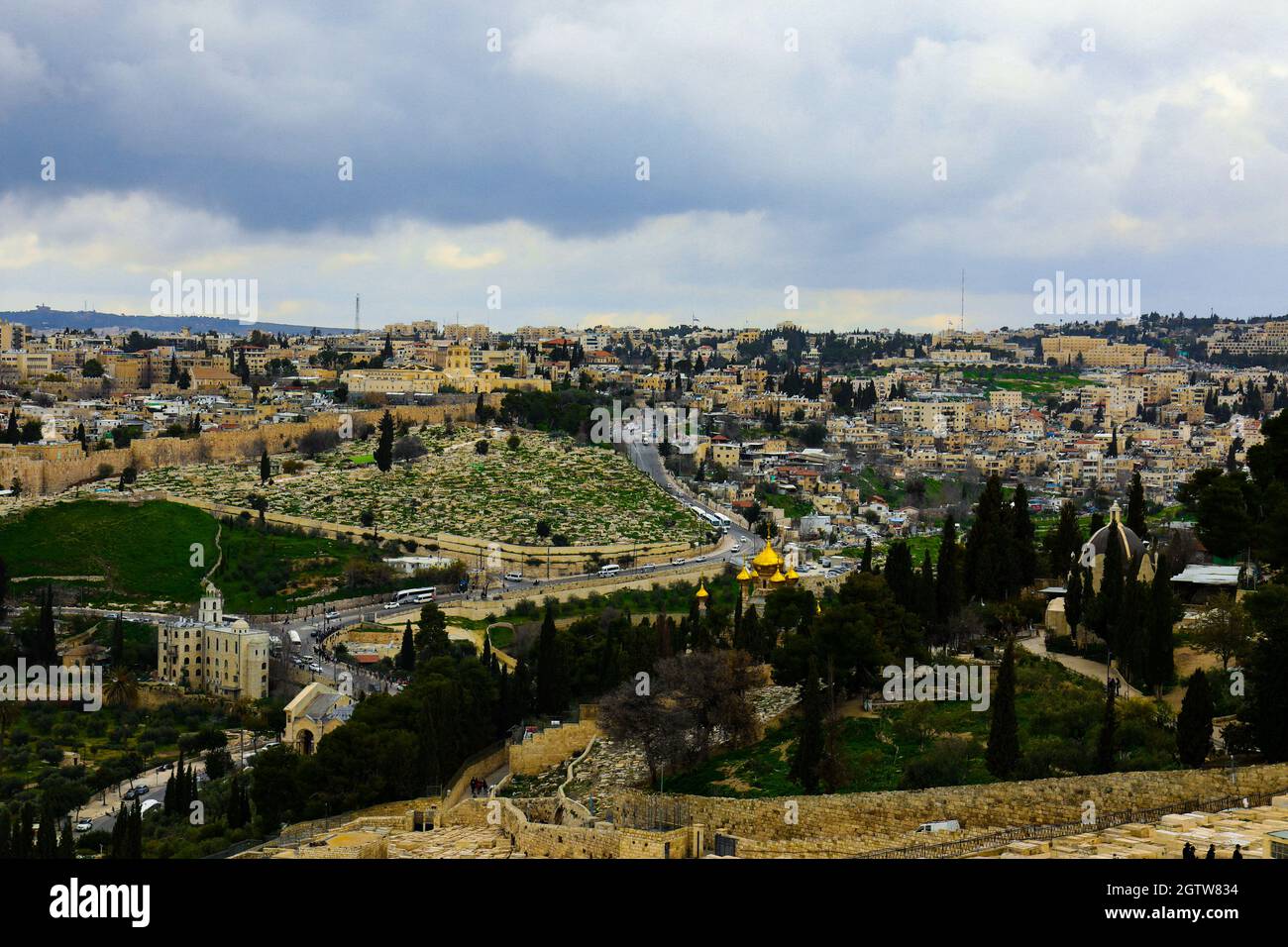 Cityscape of Jerusalem on a cloudy day; scenic views from the Mount of ...
