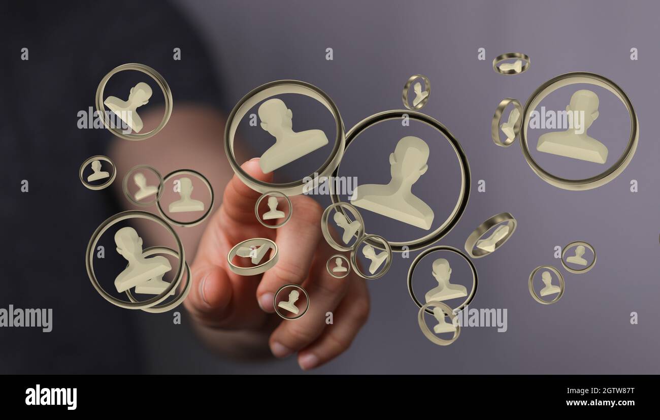 Person presenting the virtual 3D rendered projection of network and ...